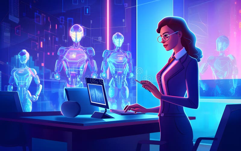 Illustration of a Woman and AI-powered Chatbots, Generative AI Stock ...