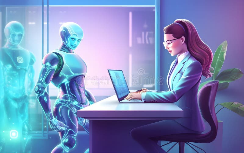 Illustration of a Woman and AI-powered Chatbots, Generative AI Stock ...
