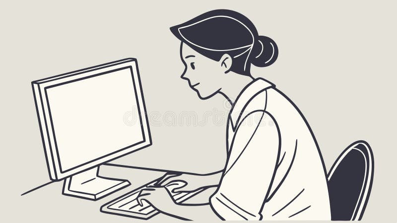 Woman Focused on Computer Work, Desktop Productivity Scene, Vector ...