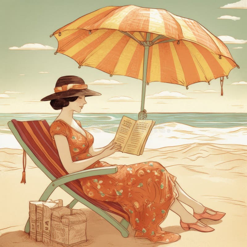 A Woman Sitting In A Beach Chair Under An Umbrella Generative Ai Stock