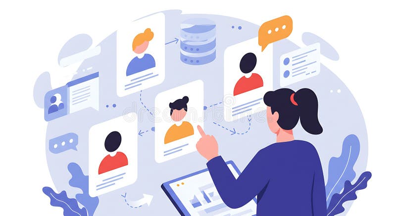 Illustration of a Woman Interacting with a Digital Interface Displaying ...