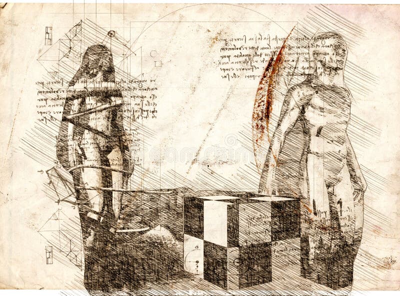 Illustration Of A Woman And A Man Drawing In Style Of Leonardo Da Vinci