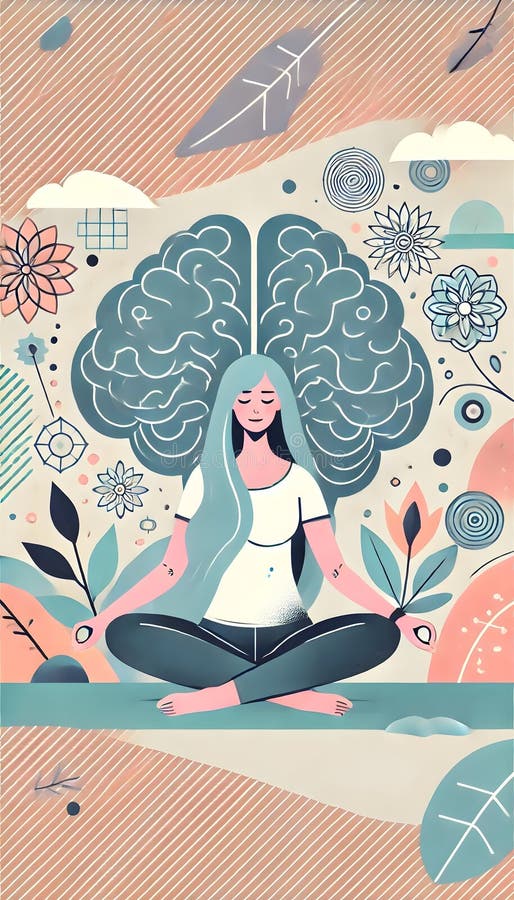 Woman Practicing Mindfulness Meditation with Brain Stock Illustration ...