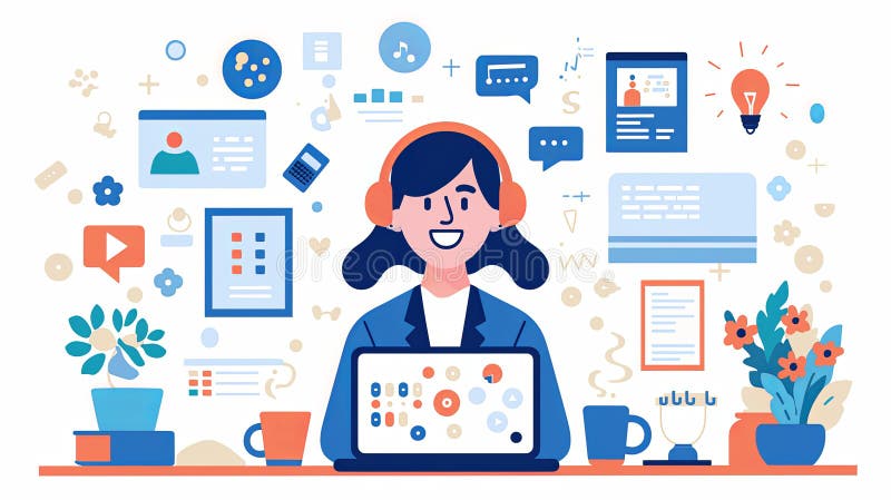 Illustration of Woman Multitasking with Technology and Creative Icons Around Stock Illustration ...