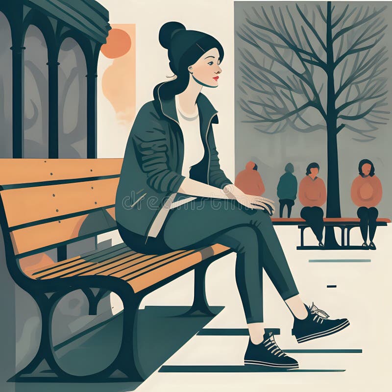Illustration with a Woman Sitting on the Bench- Generated by Ai Stock ...