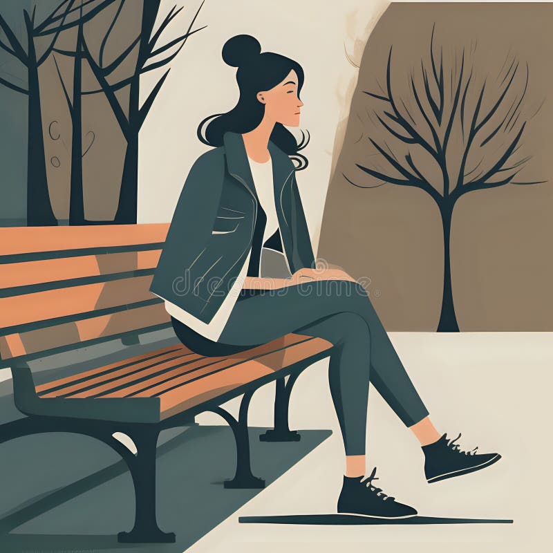 Illustration with a Woman Sitting on the Bench- Generated by Ai Stock ...