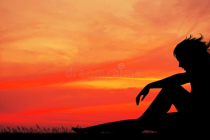 Woman Thinking about Sunset Stock Illustration - Illustration of meadow ...