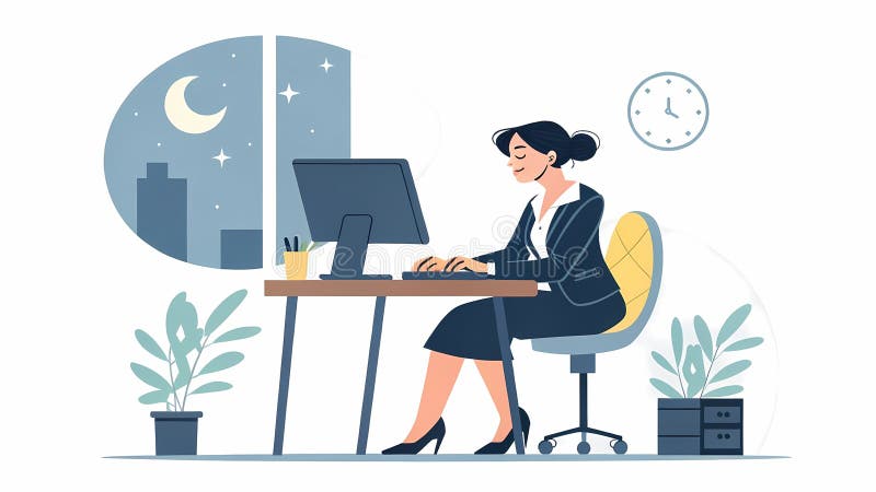 Woman Working at Desk Late at Night in Office Illustration Stock ...