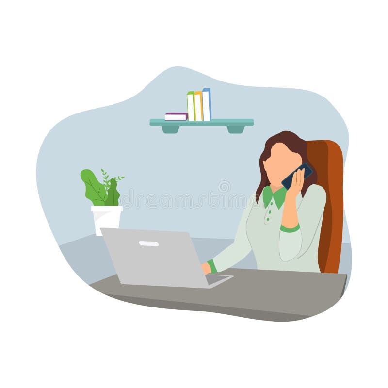Illustration of a Women Working on Computer at Office while Attending ...