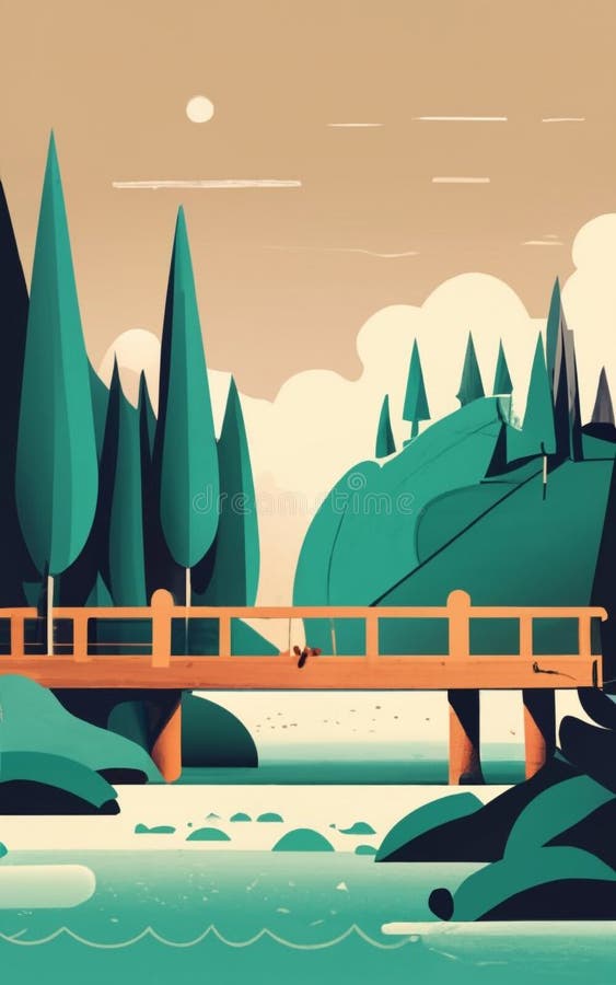 A Wooden Bridge Spanning Across a Flowing River. Illustration Stock ...