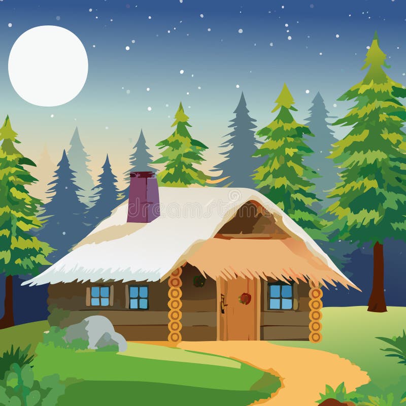 Illustration of a Wooden Hut in the Forest at Night Time Stock Vector ...
