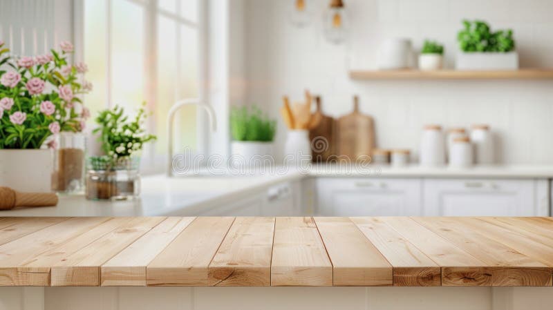 Illustration of Wooden Kitchen Desk in Front of Modern Blurred White ...
