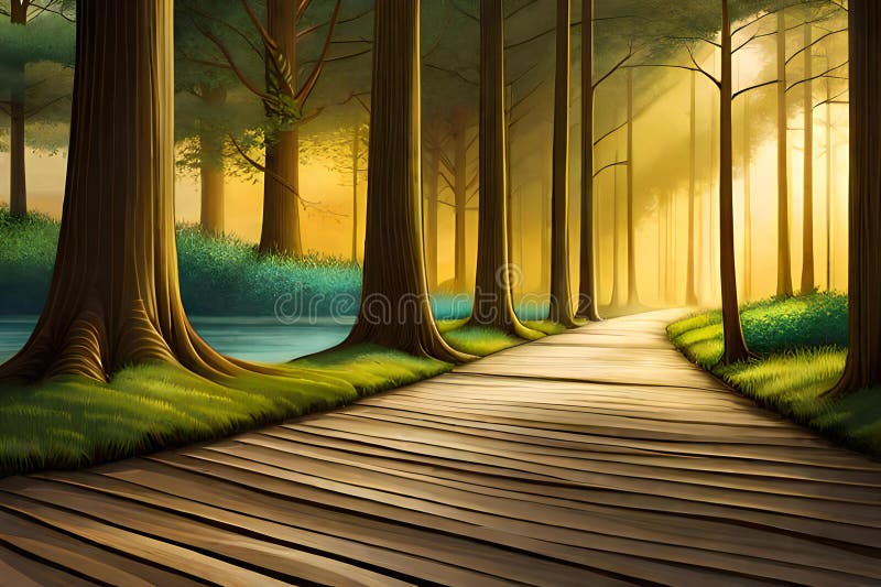 Wooden Path in the Forest at Sunset Stock Illustration - Illustration ...