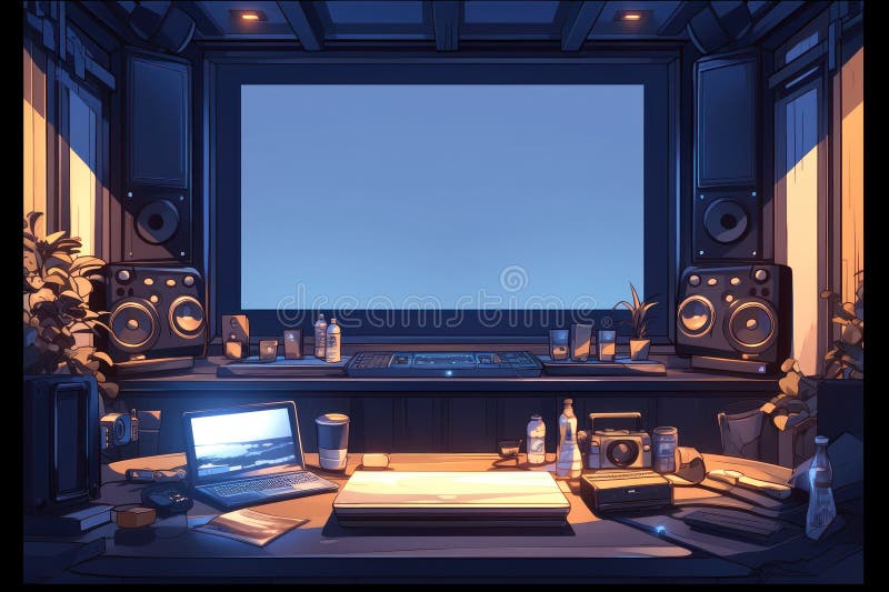 Illustration of a Work Space with Laptop and Audio Equipment in a Dark ...