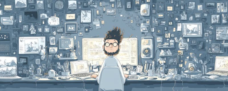 Illustration of a Worker at a Cluttered Workspace Surrounded by ...