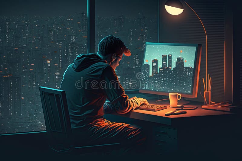 Illustration of Worker Man Working on Deep Night when City are Sleep ...