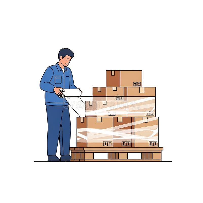 Man Wrapping Boxes on Pallet with Plastic Wrap Stock Illustration ...