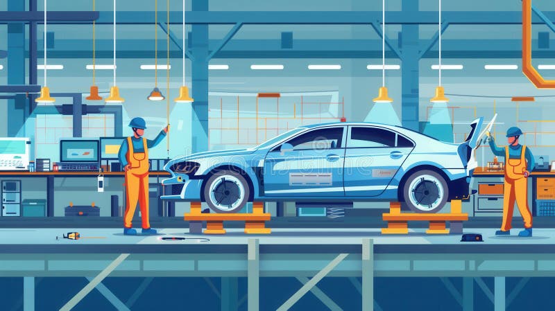 An Illustration of Workers Assembling a Car Body in a Workshop ...