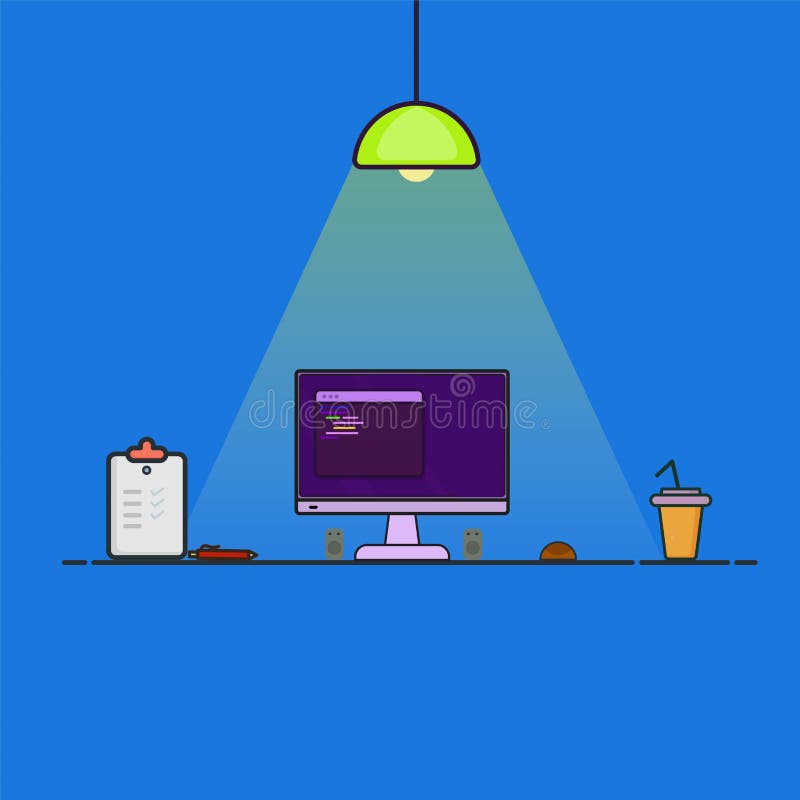 Illustration of Workspace with Computer and Drinks and Lights on Vector ...
