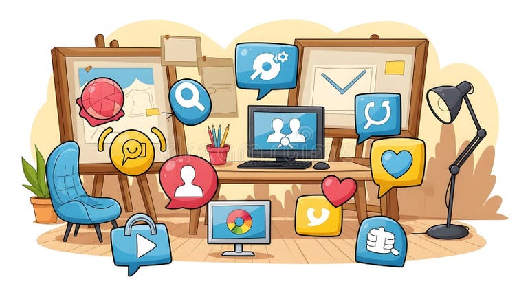 Creative Workstation with Easels, Desk, and Icons for Designers and ...