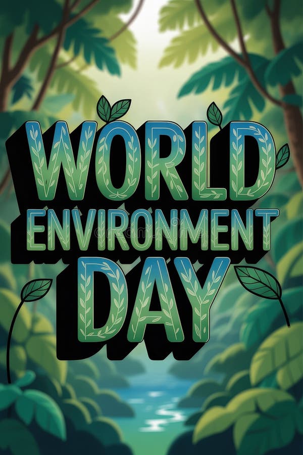 World Environment Day Illustration Green Text in Lush Nature Scene ...
