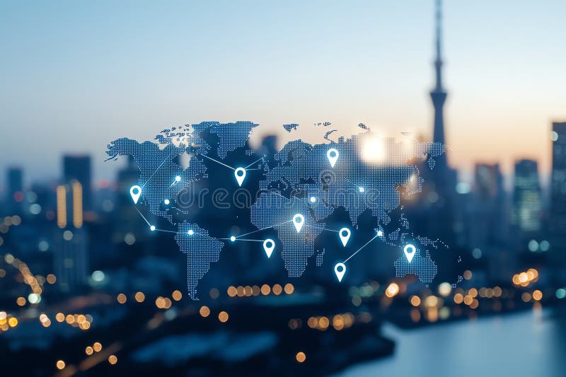 Illustration of a World Map with Connection Points Overlaying a Blurred ...