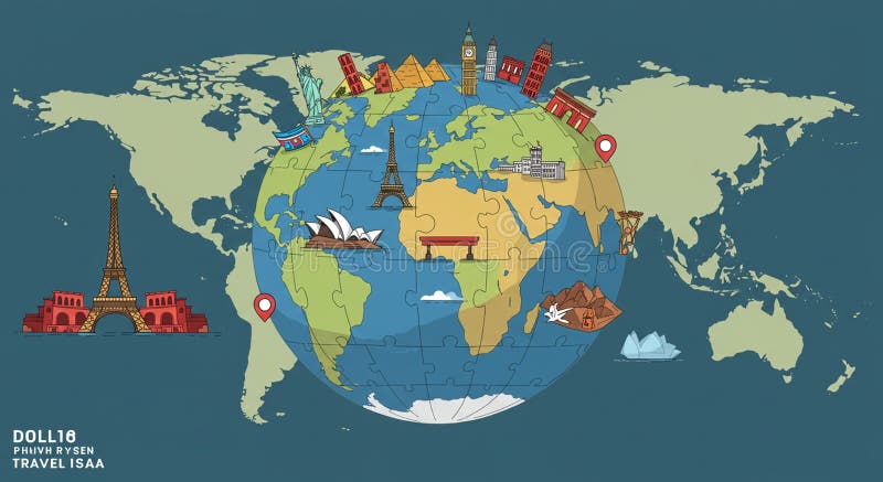 Illustration of a World Map Features Various Global Landmarks Atop a ...