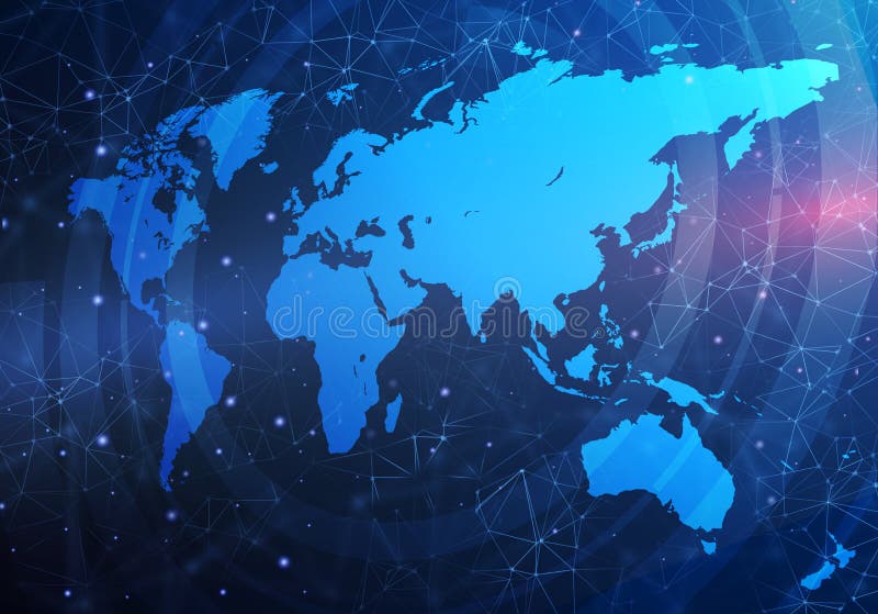 Illustration with World Map and Global Connections Network Grid on Blue ...