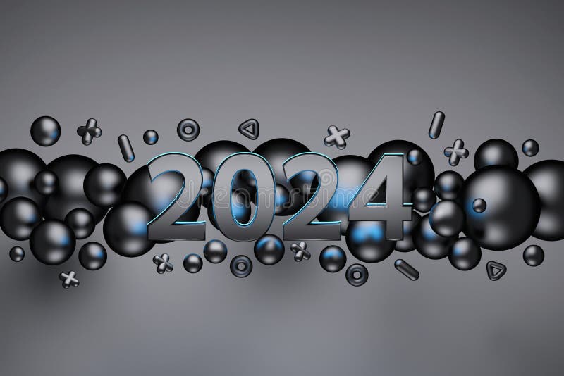 Illustration with Year 2024 Numbers and Futuristic Flying Black Balls ...