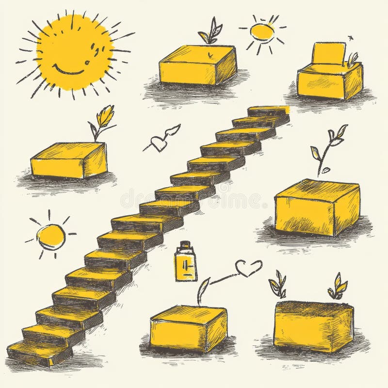 Illustration of Yellow Blocks Stairs and Plants Symbolizing Growth ...