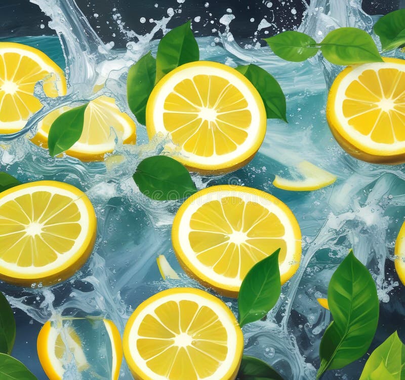 Illustration of Yellow Lemon Slices Splashing into Cold Water Stock ...