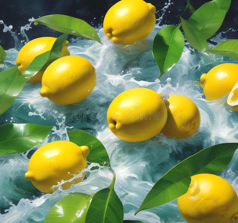 Illustration of Yellow Lemon Slices Splashing into Cold Water Stock ...