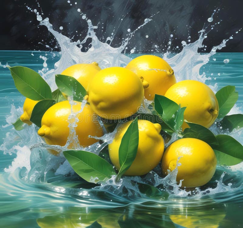 Illustration of Yellow Lemon Slices Splashing into Cold Water Stock ...
