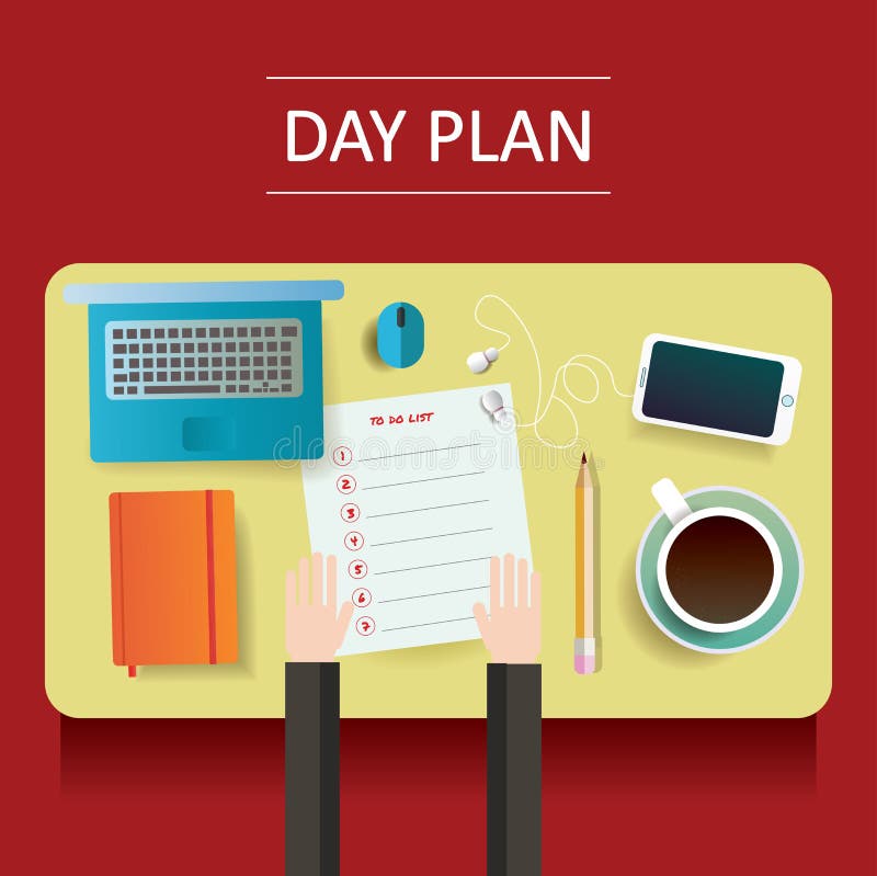 Illustration of Yellow Table with Day Plan Blank and Different Objects ...