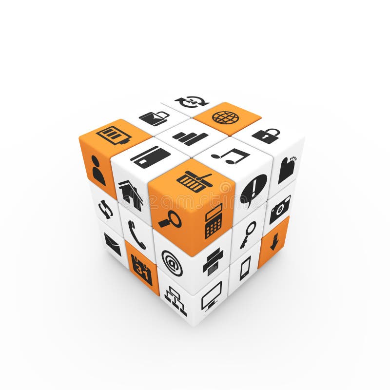 Illustration of a Yellow and White Cube with Differents Icons on Its ...