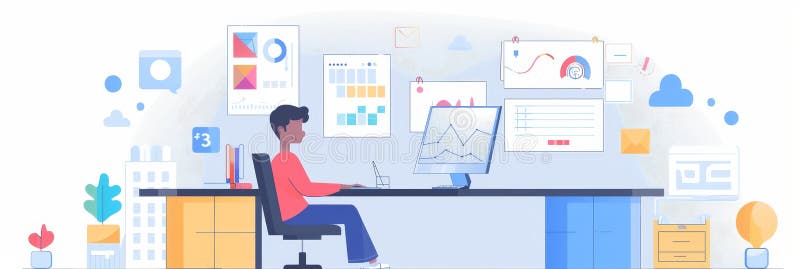 An Illustration of a Young Analyst Working at a Desk Surrounded by Data ...