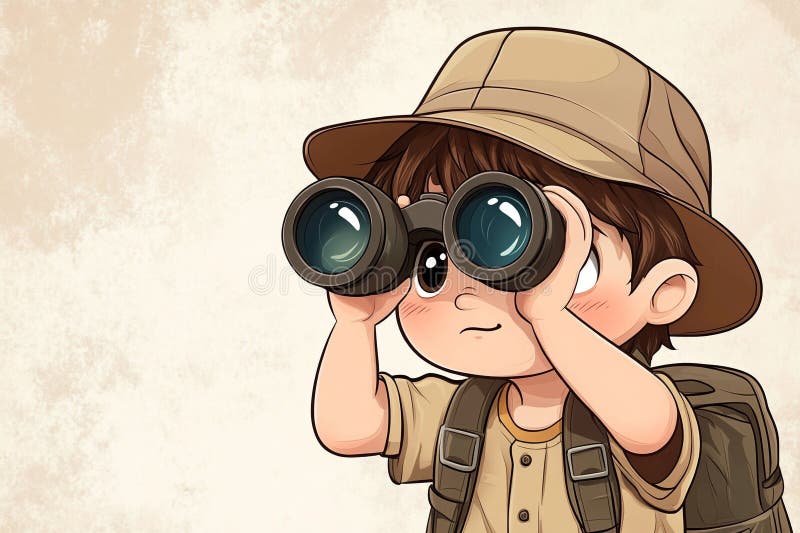 Curious Boy Explorer Using Binoculars Looking for Adventure Stock ...
