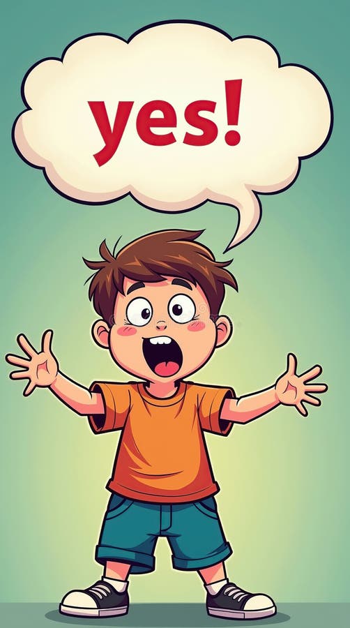Comic Style Boy Excitedly Exclaims Yes with Speech Bubble Stock ...