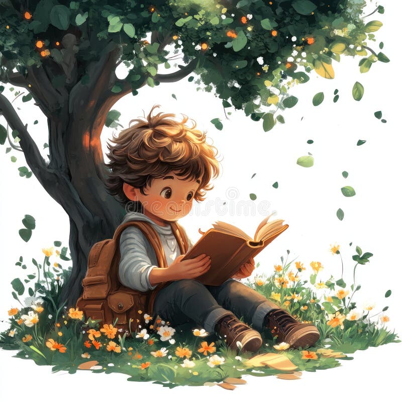 Illustration of a Young Boy Reading a Book Under a Tree Stock Photo ...