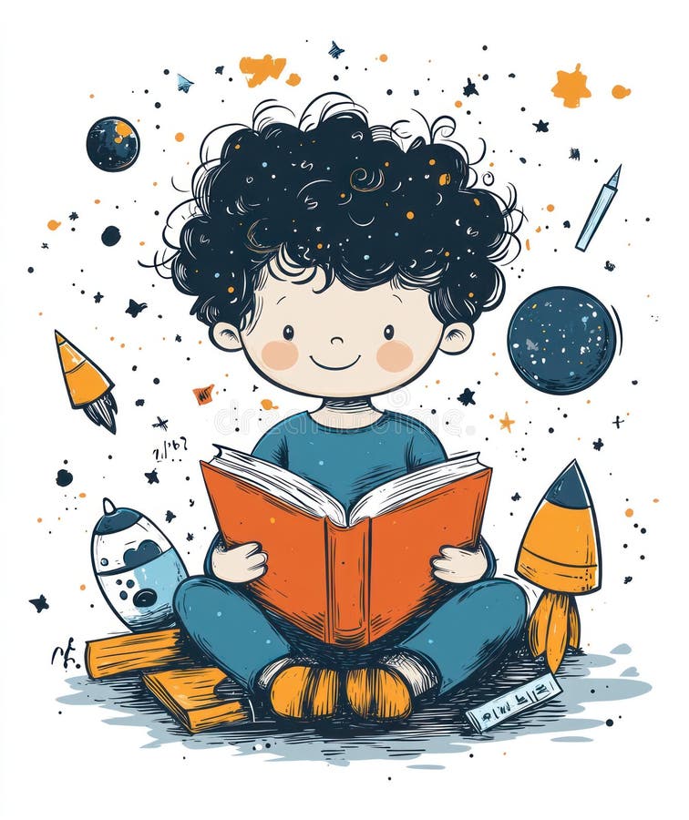 Illustration of a Young Boy Reading with Rocket and Stars Stock ...