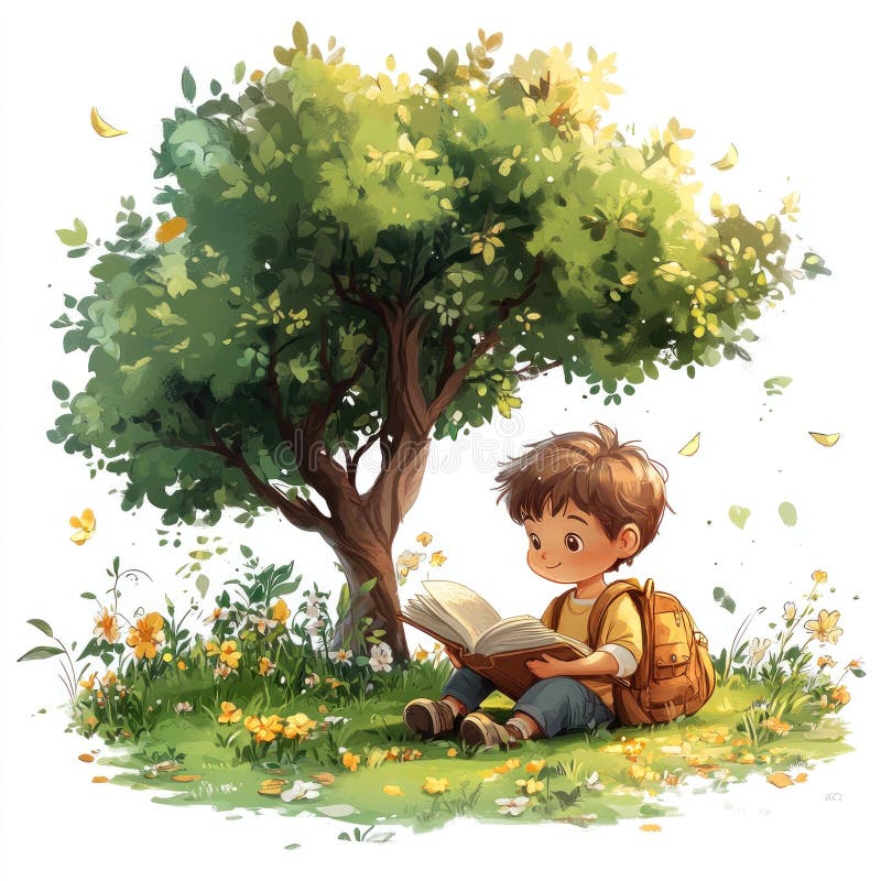 Illustration of a Young Boy Reading Under a Tree in a Field of Flowers ...