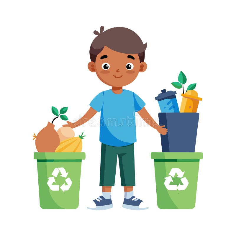 Young Boy Sorting Recycling into Separate Bins for Paper and Food Waste ...