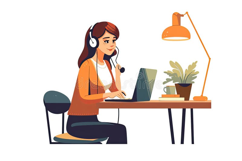Illustration of a Young Woman Working in an Office at a Computer Stock ...