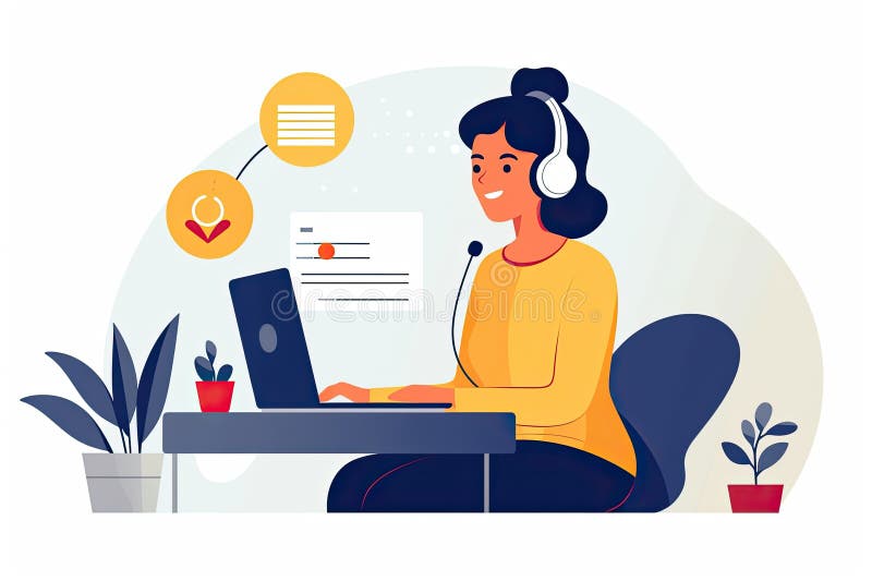 Illustration, Young Customer Service Representative Working in Front of ...