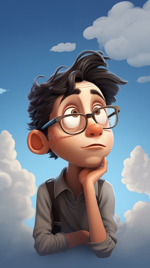 Illustration of a Young Man with Glasses Thinking in Front of a Blue ... Illustration of a Young Man with Glasses Thinking in Front of a Blue ...