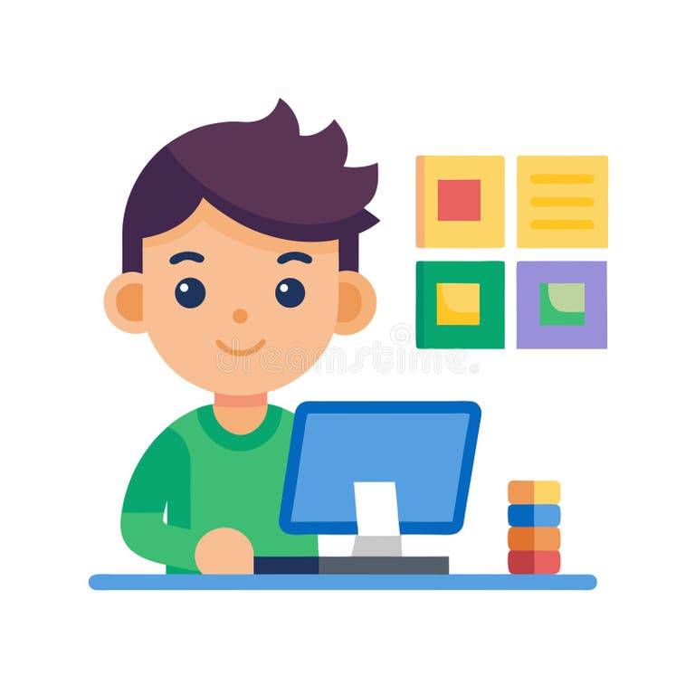 Illustration of a Young Person Working at a Desk with a Computer and ...