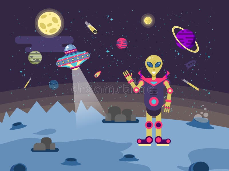 Illustrations Alien on the Moon Surface a Background of Outer Space in ...