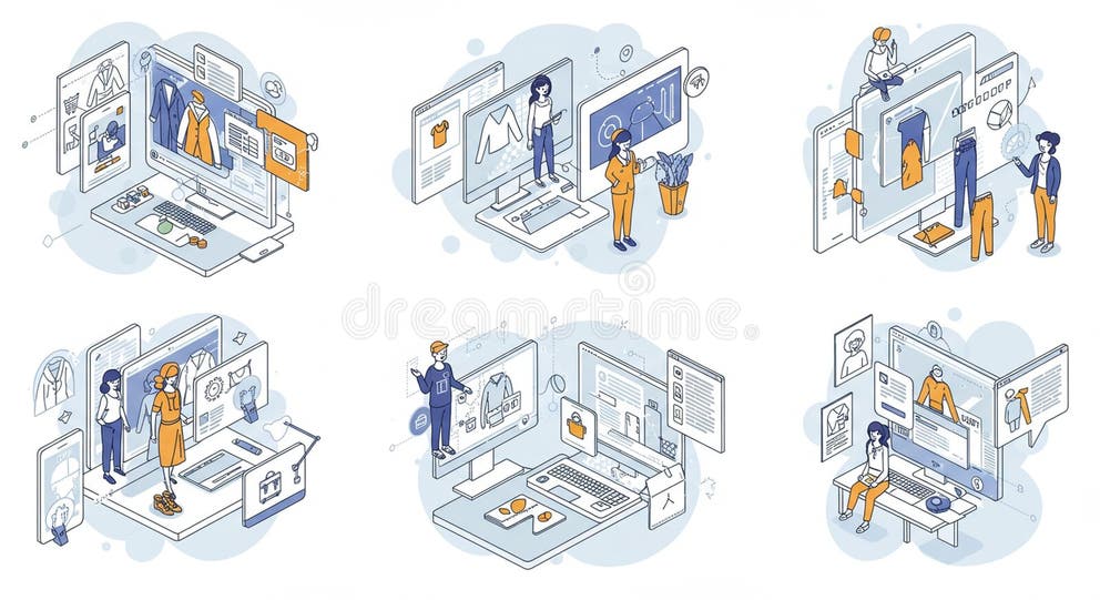 Illustrations Depict Various E-commerce Scenarios with Digital Screens ...