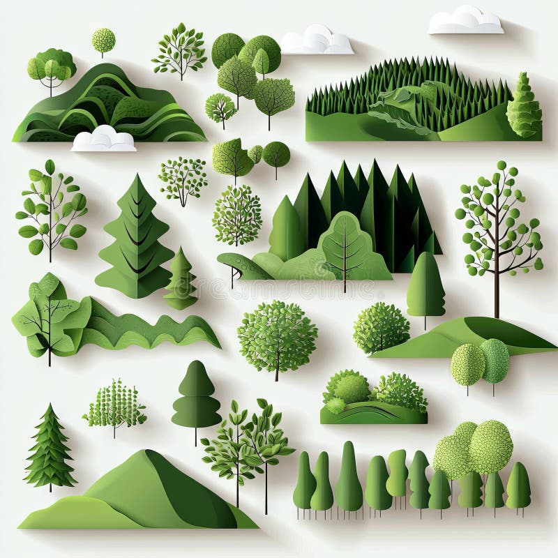Illustrations Depicting Different Trees, Both Conifers and Deciduous ...