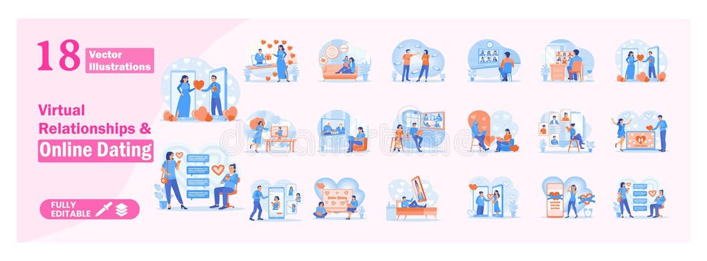 Illustrations Depicting Virtual Relationships and Online Dating. Mega ...